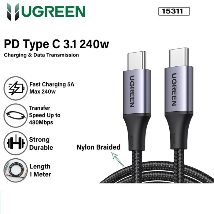 Jual Kabel Charger UGreen USB-C to USB-C 1M 5A 240W Black (15311) | Shopee Indonesia