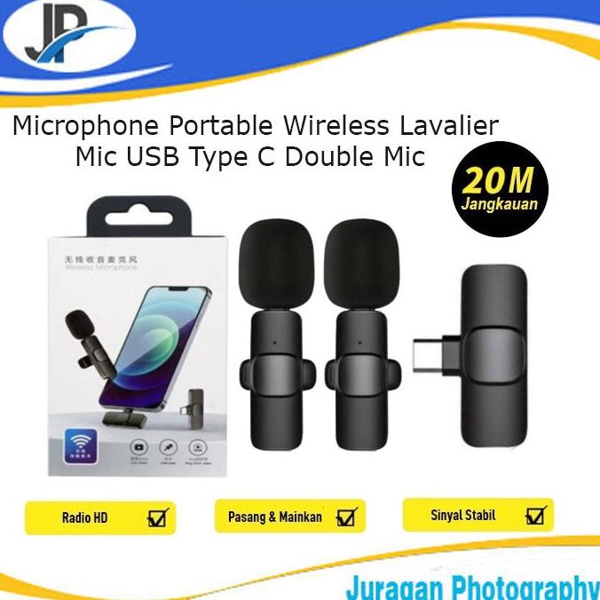 Jual Microphone Portable Wireless Lavalier Mic USB Type C Double Mic ...