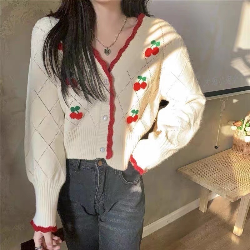 Jual Dewi Cherry Knit Cardigan - cardigan lengan panjang motif premium ...