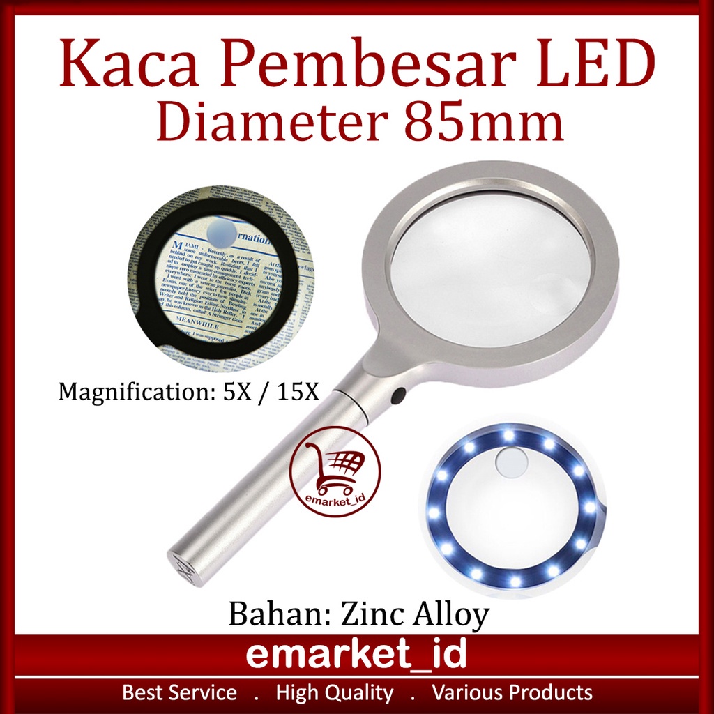 Jual Kaca Pembesar LED 5X 15X 85mm Bahan Zinc Alloy / Magnifying Lup ...