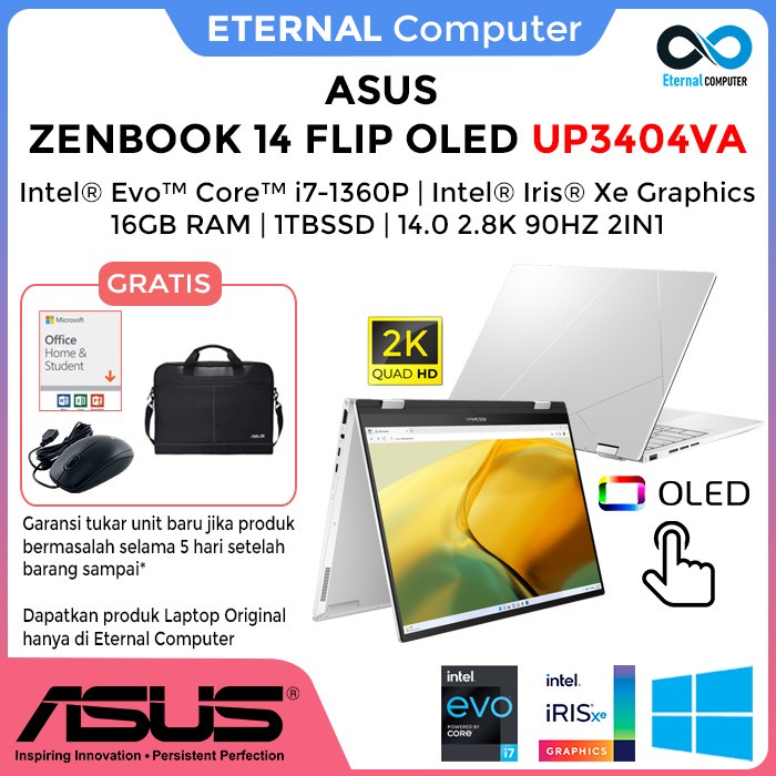 Jual Asus Zenbook 14 Flip Oled up3404va Touch I7 1360p 16gb 1tb w11+ohs ...