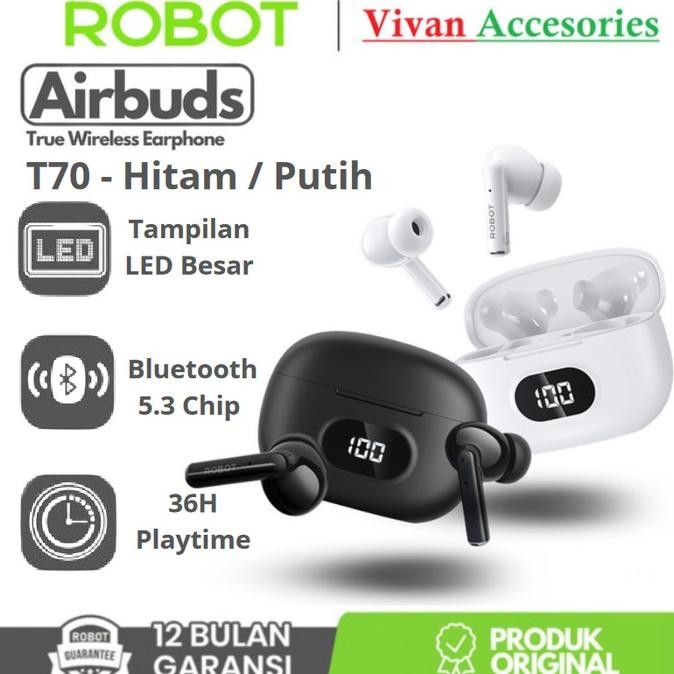 Jual Robot T70 Airbuds Wireless Earphone Tws Deep Bass Bluetooth 5.3 ...