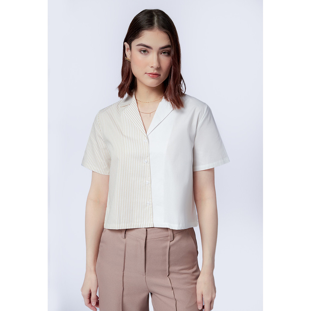 Jual Executive Colorblock Short Sleeve Blouse Khaki | Shopee Indonesia