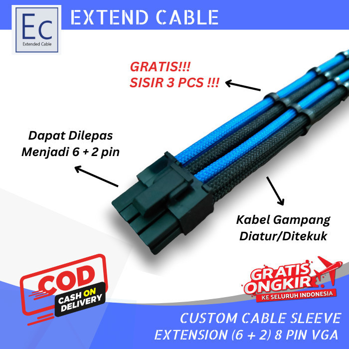 Jual CUSTOM EXTENSION CABLE SLEEVE 6+2 PIN 8 PIN VGA PCIE CPU ...