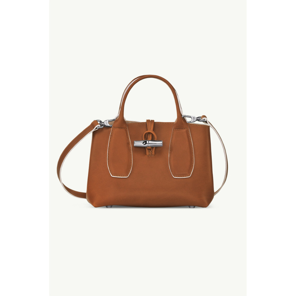 Jual LONGCHAMP Small Roseau Top Handle Bag in Cognac Leather with White ...