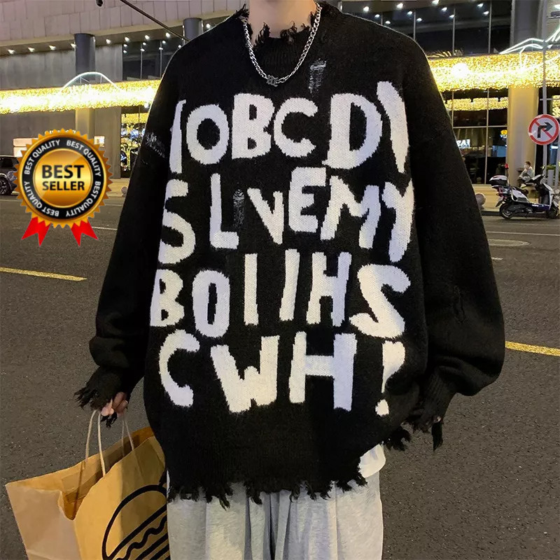 Jual Sweater Crewneck Pria Korean Style Sobek Merek Bsg Gaya Amerika ...