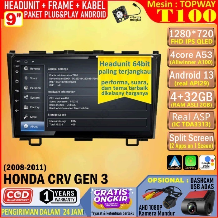 Jual Paket Headunit Android 9 inch + Frame + Soket PNP Honda CRV Gen 3 ...