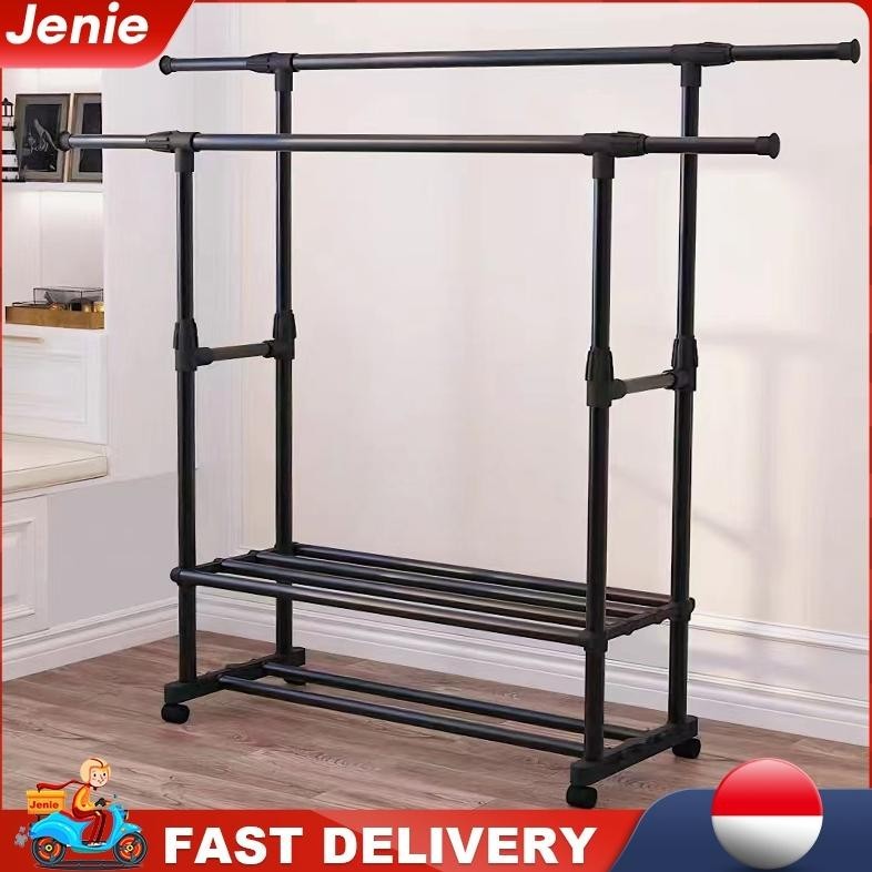 Jual Rak Gantungan Baju Besi Stand Hanger Telescopic Rak Pakaian Portable Rak Double Clothes ...