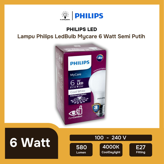 Jual Lampu Philips LED Bulb 6-55W E27 4000K 230V A60-MyCare (Semi Putih ...