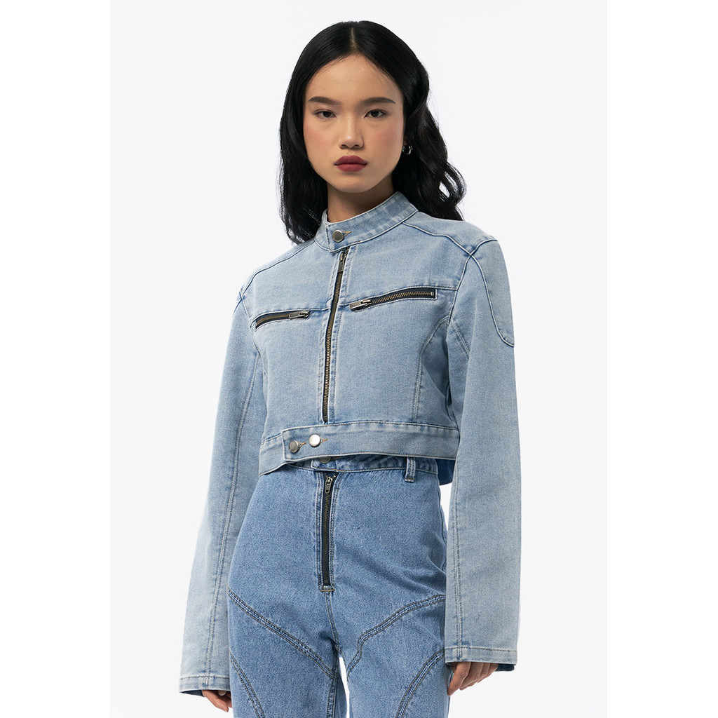 Jual COLORBOX Cropped Racing Denim Jacket Lt. Blue | Shopee Indonesia