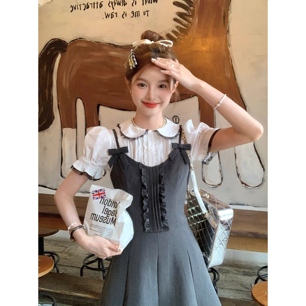Jual Baju Kerah Peter Pan Wanita Lebih Muda+Rok Suspender Telinga Kayu ...