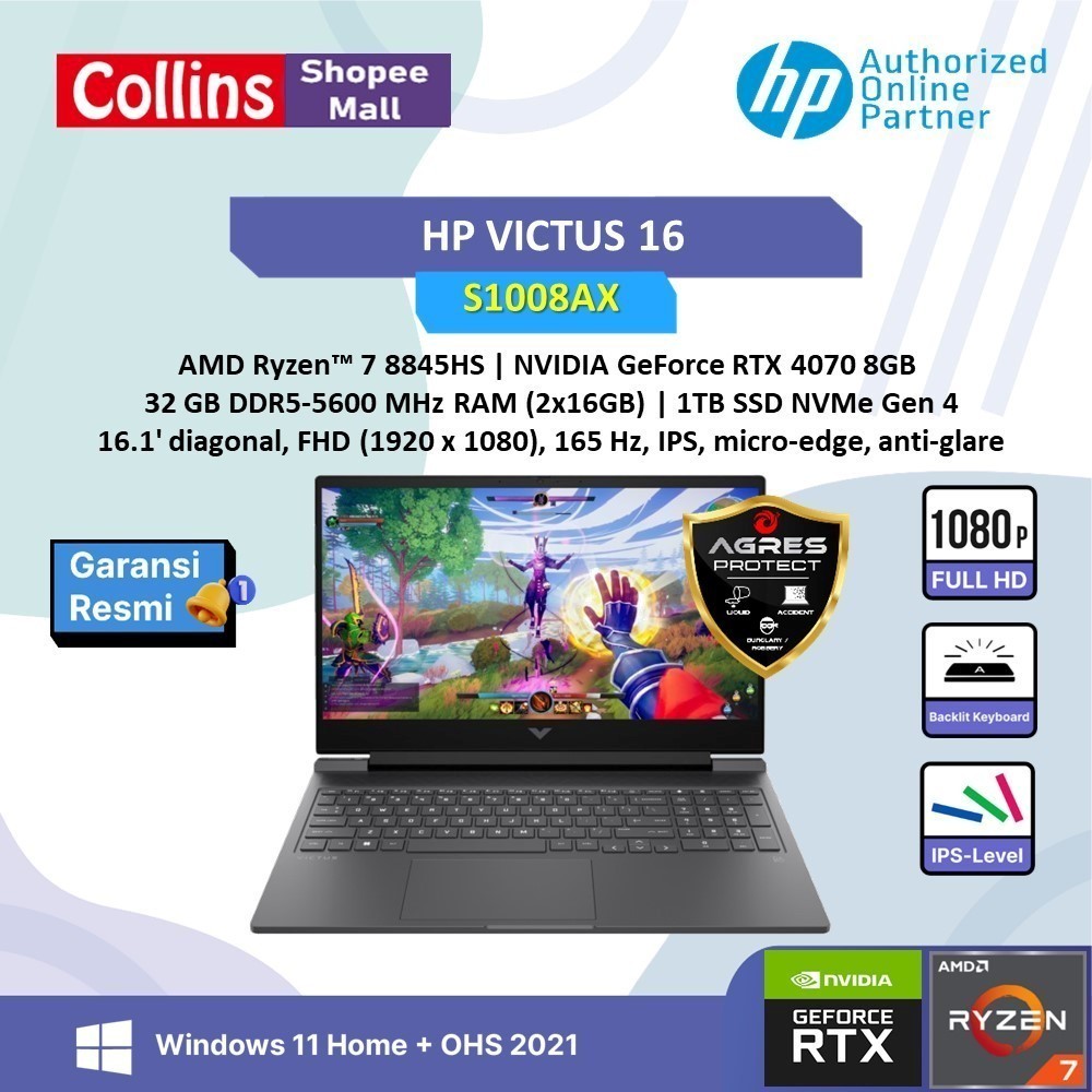 Jual HP VICTUS 16 RYZEN 7 8845HS RTX4060 8GB/ 16GB 1TB W11+OHS 16.1FHD ...