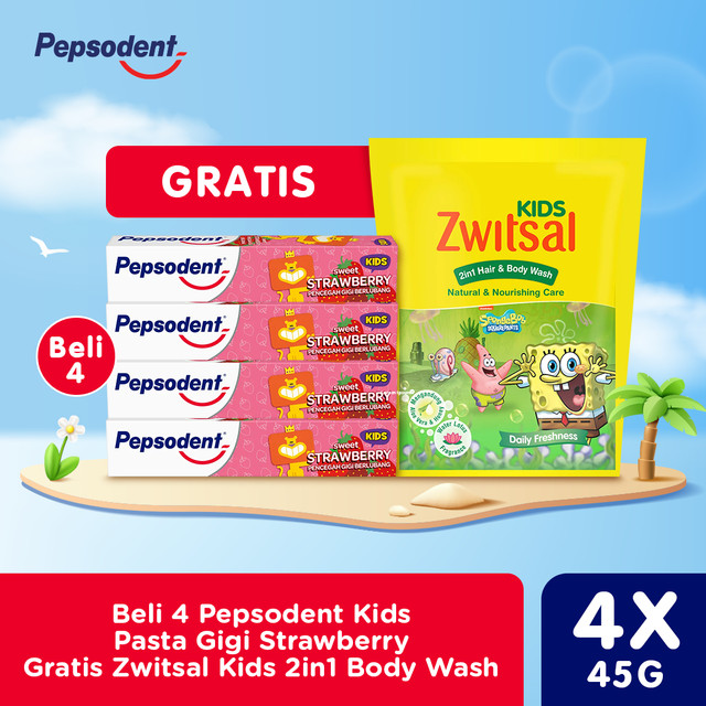 Jual Buy 4 Pepsodent Kids Pasta Gigi Strawberry 45g FREE Zwitsal Kids 2In1 Sabun Mandi Cair Anak ...