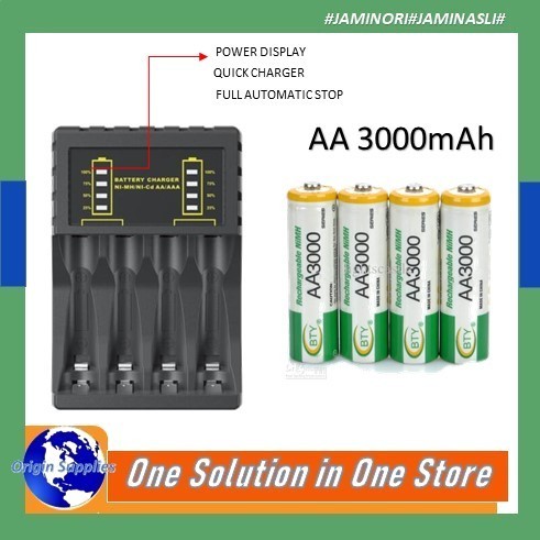 Jual PAKET BATERAI BTY AA 3000 Mah RECHARGEABLE 1,2V + QUICK CHARGER N ...