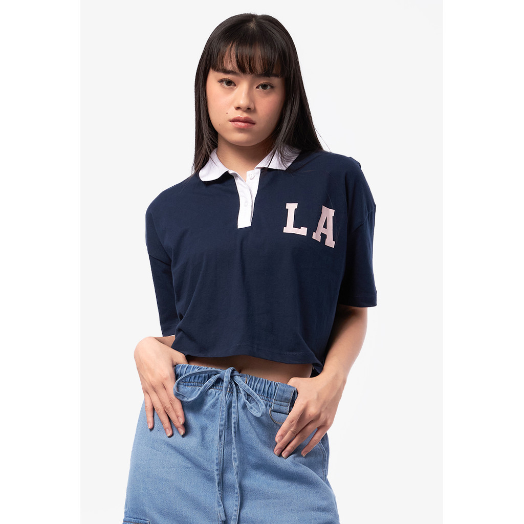 Jual COLORBOX Short Sleeve Crop Polo Shirt Navy | Shopee Indonesia