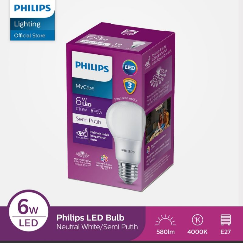 Jual Philips Lampu LED Bulb Mycare 6W E27 4000k 230V - semi putih | Shopee Indonesia