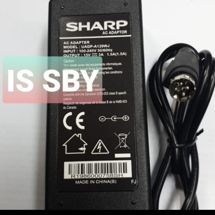 Jual ac adaptor sharp 15v 3a power kabel tv lcd sharp 4 pin 22-24inch ...
