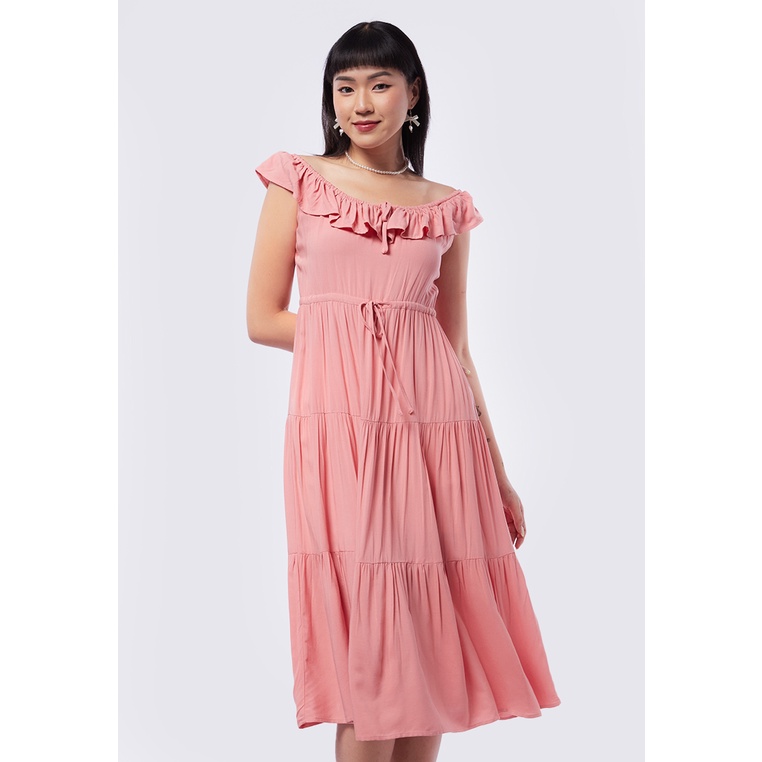 Jual COLORBOX Off Shoulder Frills Midi Dress Pink | Shopee Indonesia