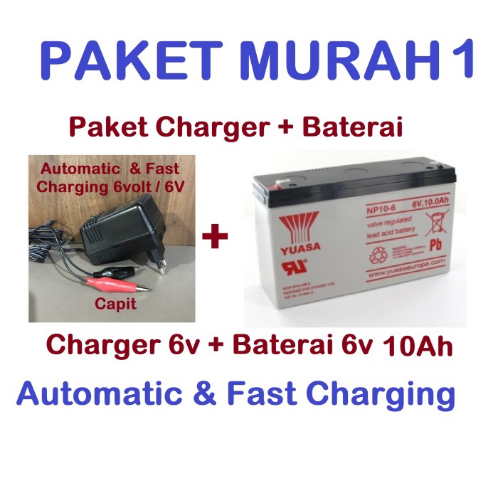 Jual Paket Charger + Aki Baterai Mobil motor mainan Anak Yuasa 6v 10Ah | Shopee Indonesia