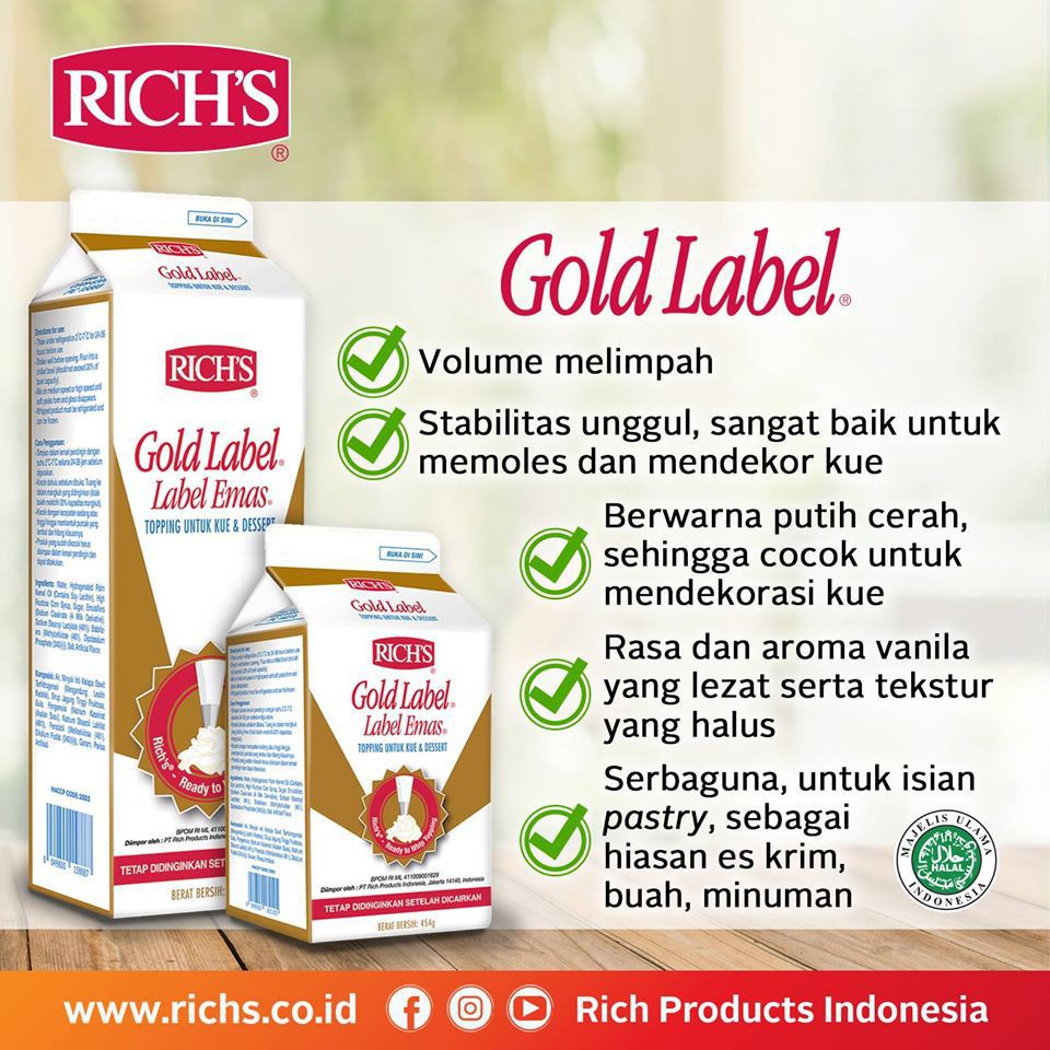 Jual Rich'S Gold Label Whipping Cream Topping Tanpa Susu 907G | Shopee ...