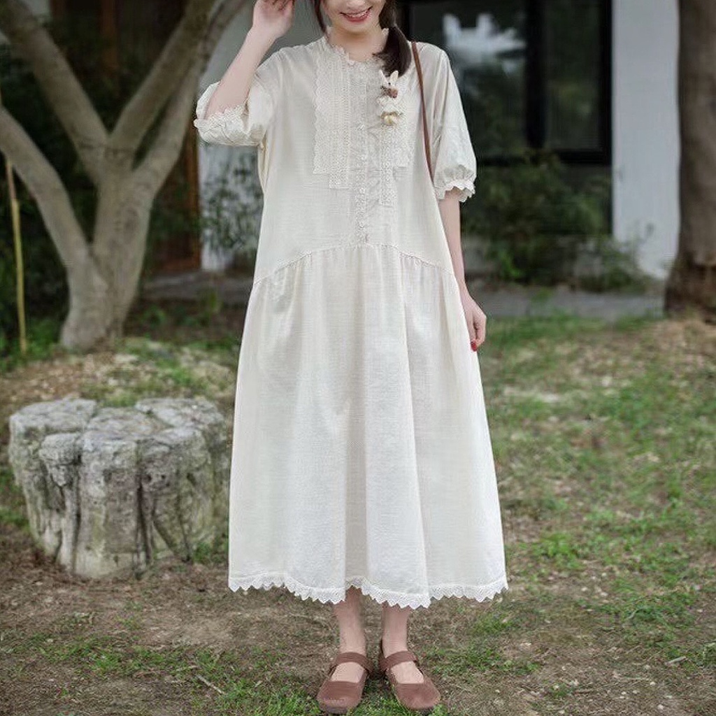 Jual DRESS KATUN LINEN PREMIUM PUTIH GADING IVORY HIJAU DROPWAIST LACE ...