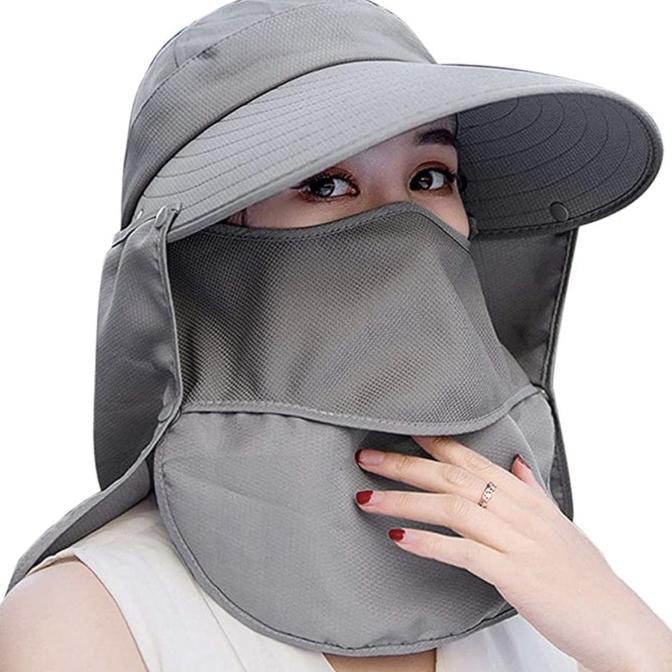 Jual Discount Topi Uv Cut Hat Gray Color Face Cover Wide Brim Neck ...