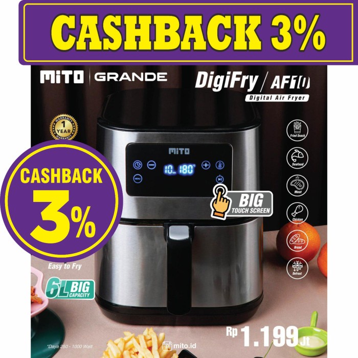 Jual Mito Grande Digifry Airfryer Air fryer AF10 AF 10 kapasitas 6 L 6L ...