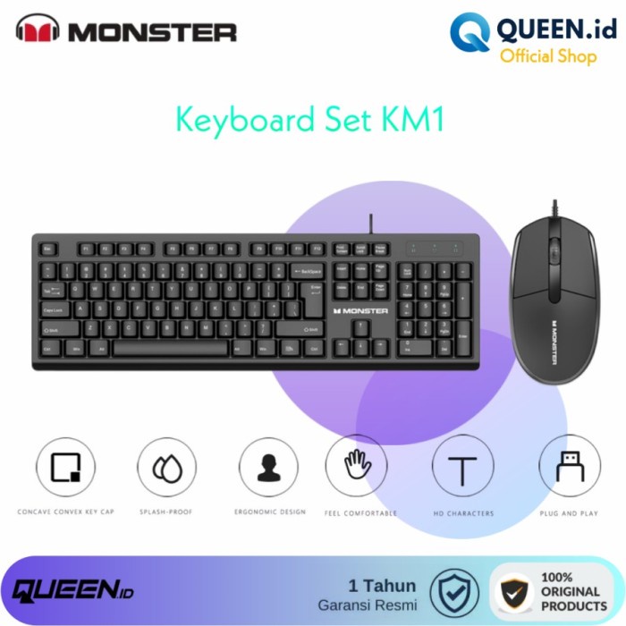 Jual MONSTER KM1 KEYBOARD MOUSE SET WIRED USB FULL KEY 104 SLIM HD FOR ...