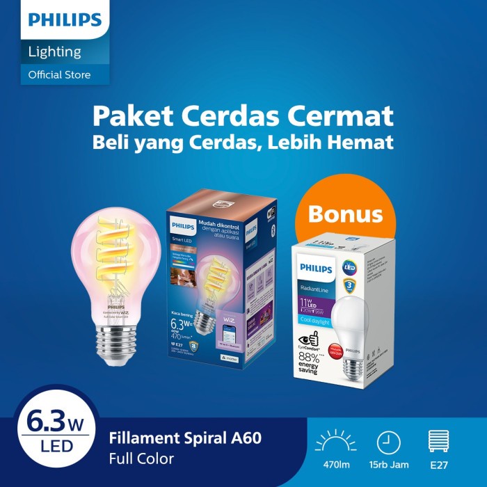 Jual Philips Wi-Fi LED 6.3W A60 Filament RGB Free 1 Lampu 11W Radiant ...