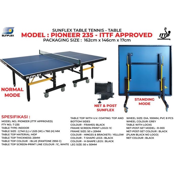 Jual Meja Pingpong Tenis Meja Sunflex Pioneer 235 Ittf 25Mm Mdf Original Kode 1200 | Shopee ...