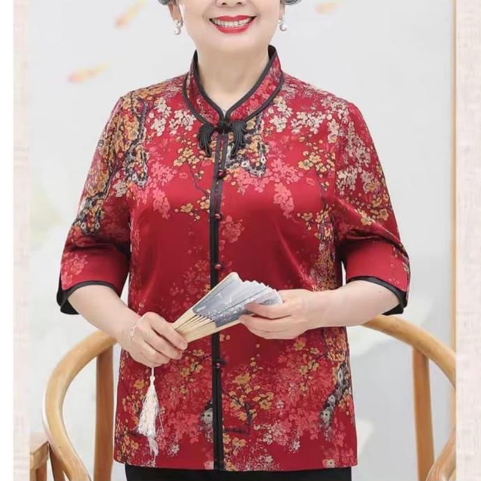 Jual Atasan Blouse Cheongsam Baju Imlek Orang Tua Red Satin Silk Classy ...