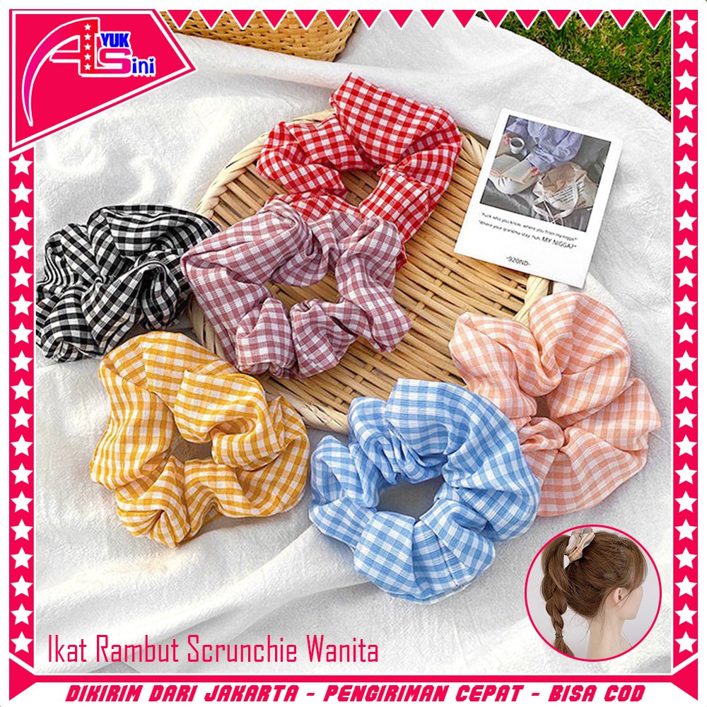Jual AS Ikat Rambut scrunchie Elastis Motif Kotak Garis Bahan Katun ...