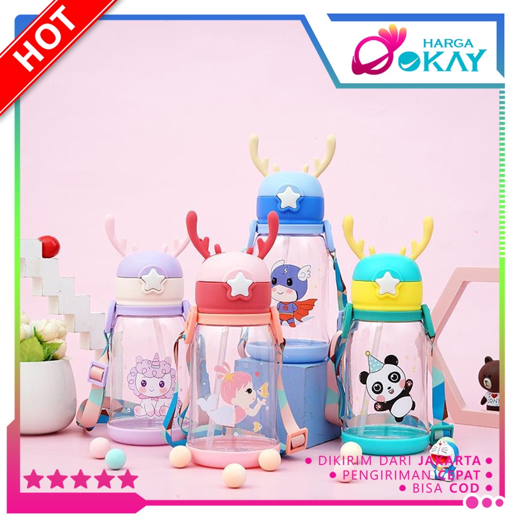 Jual HO Botol Minum Anak Karakter Kartun Botol Air Minum Anak Sedotan 610ml Model Tanduk Rusa ...