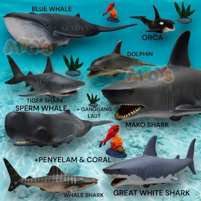 Jual Mainan ikan miniatur shark whale dolphin orca tiger shark mako ...
