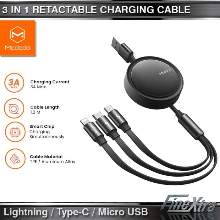 Jual Mcdodo 3in1 Retractable Micro Usb + Type C + Lightning Cable ...