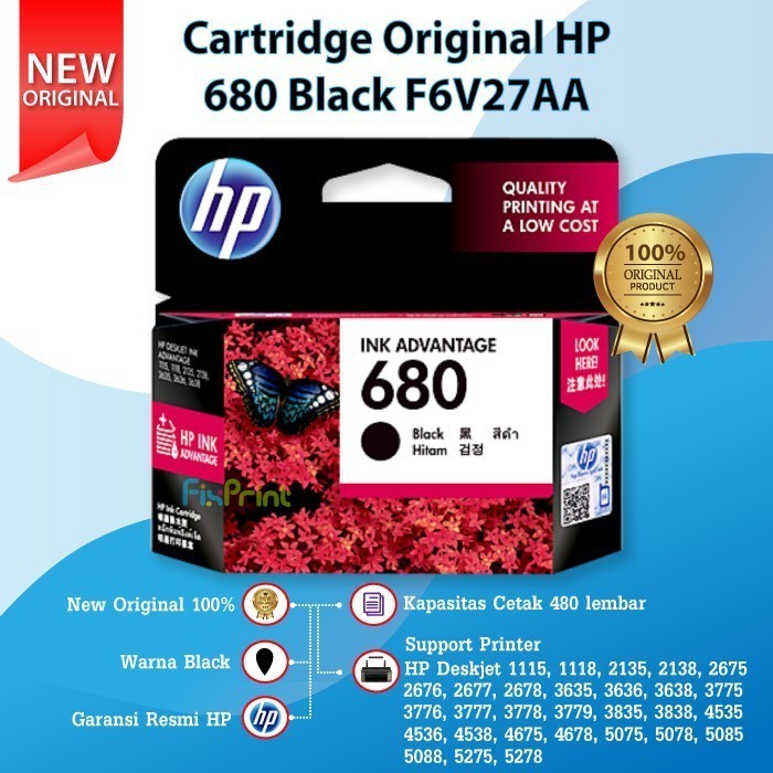 Jual Ink Cartridge Hp 680 Black Original Catridge F6V27Aa Katrid Tinta ...