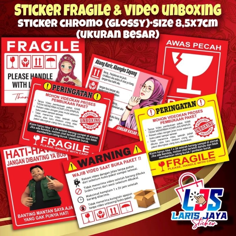 Jual (100 pcs) Stiker Fragile & video unboxing ukuran besar 8,5x7 cm ...