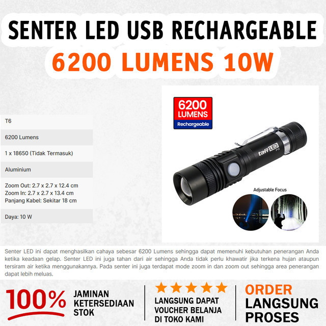 Jual Senter LED USB Rechargeable Battery XML-T6 6200 Lumens 10W ...