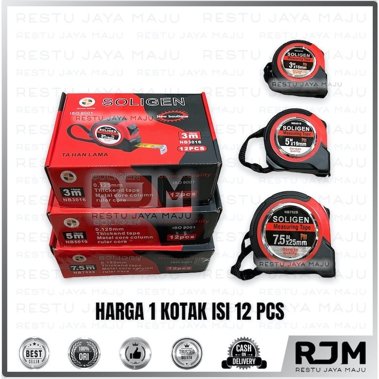 Jual [12 pcs] SOLIGEN Meteran Karet Bangunan Roll 3 5 7,5 M Alat Ukur ...