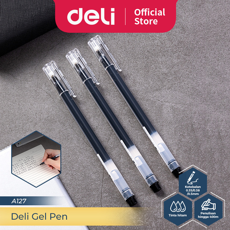 Jual Deli Gel Pen / Pulpen Gel 0.5mm Tinta Hitam Isi 12 pcs Tinta ...