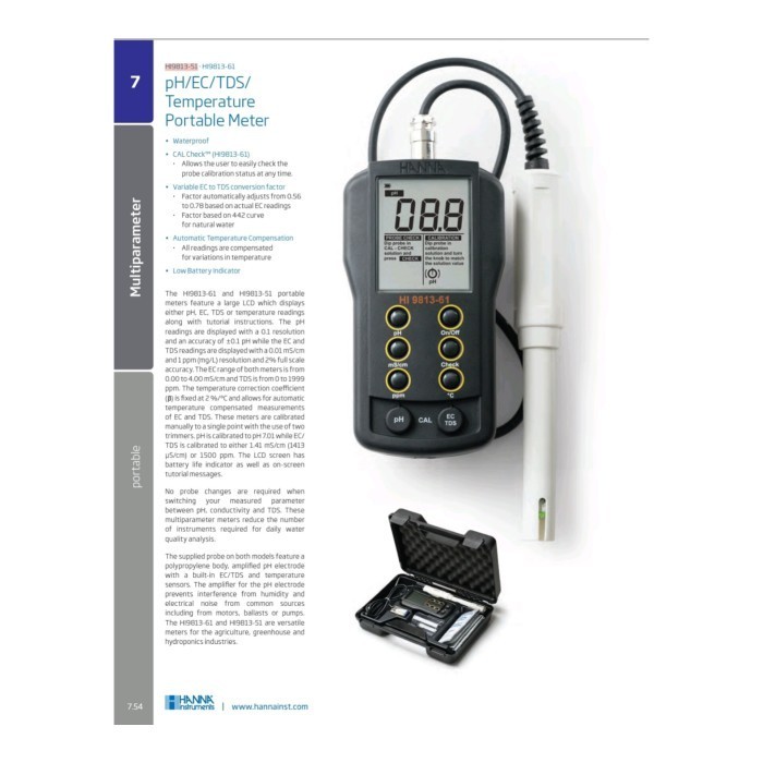 Jual Hi-9813-61 Portable Ph/Ec/Tds/Tempt Mtr With Cal Check - Hi9813-61 ...