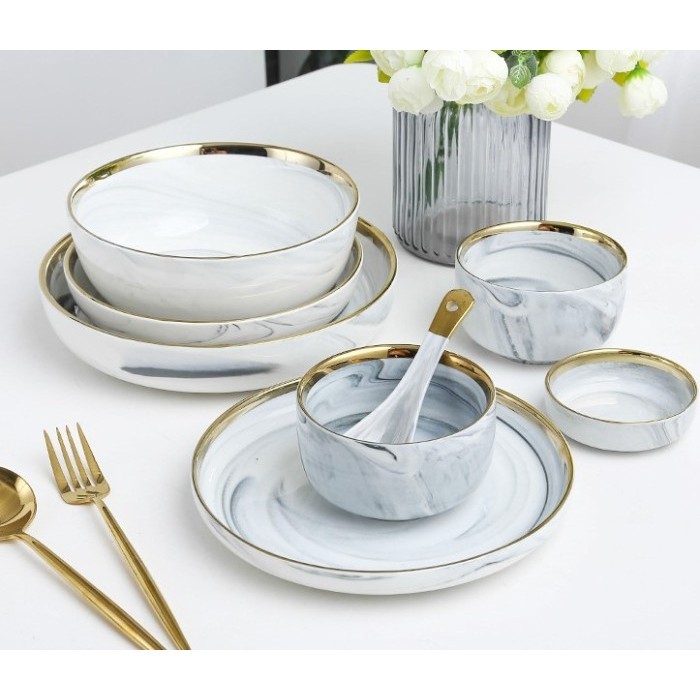 Jual Grey Marble Dining Set 9 Pcs / Set Piring Mangkok Alat Makan Keramik | Shopee Indonesia