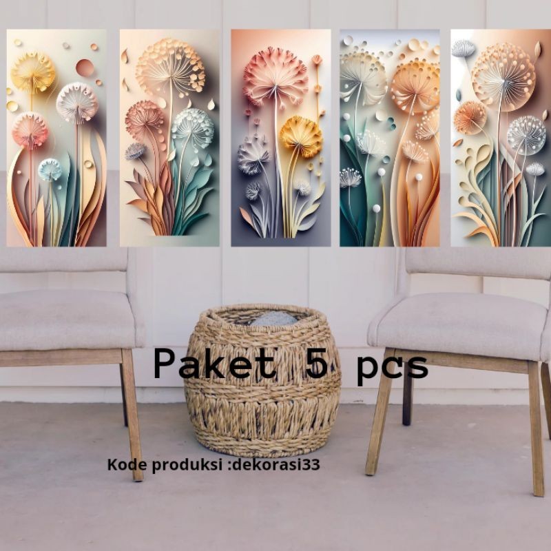 Jual poster dinding kayu, tema bunga, 5 pcs ukuran 15x30 cm, gantungan ...