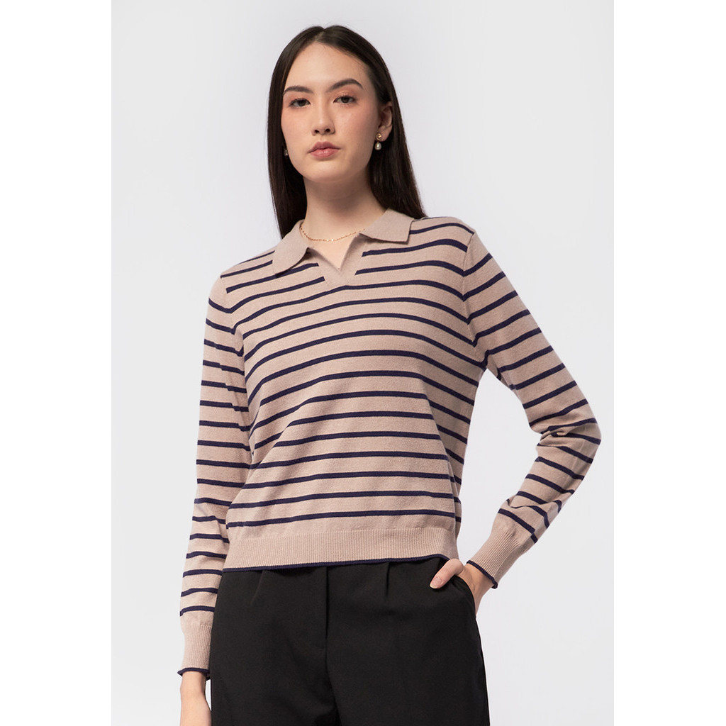 Jual Executive Long Sleeve Stripe Polo Shirt Beige | Shopee Indonesia