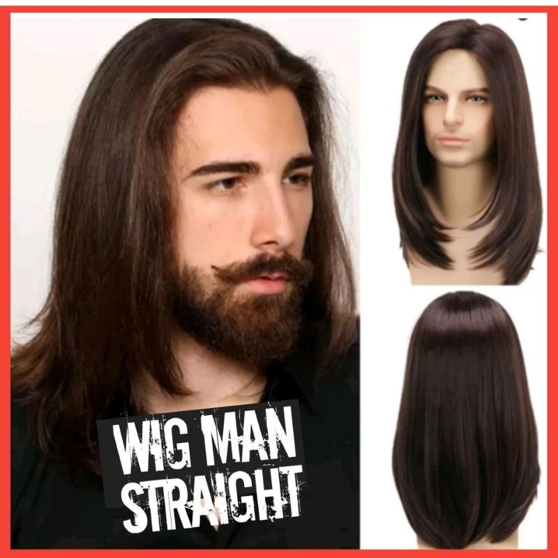 Jual Wig Pria Rambut Gondrong Lurus Belahan Tenah Warna Hitam Alami ...