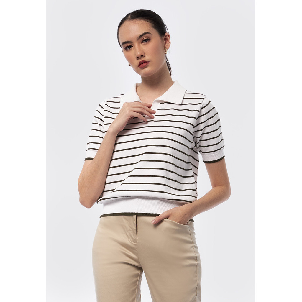 Jual Executive Short Sleeve Stripes Polo Top Off White | Shopee Indonesia