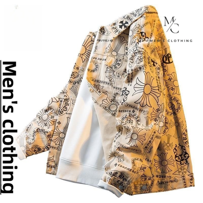 Jual American Patterned Denim Jacket Fried Street Men's Casual Jacket ...