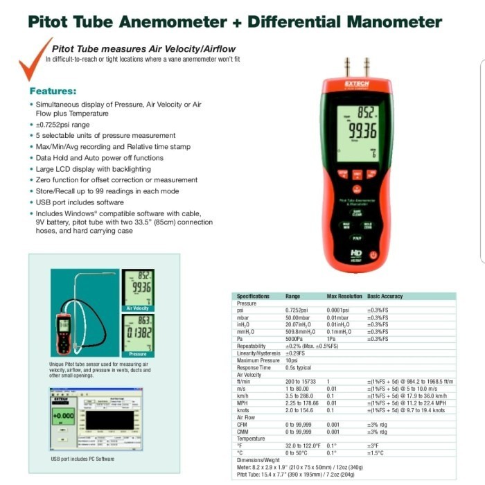 Jual Populer Pitot Tube Anemometer + Differential Manometer Hd350 ...
