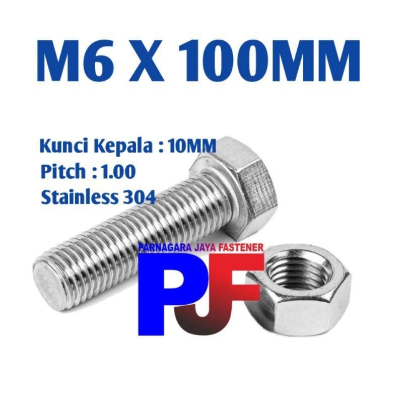 Jual Mur Baut M6 x 100 mm Stainless / Bolt Nut Stainless Steel 304 M6 x 100 mm | Shopee Indonesia