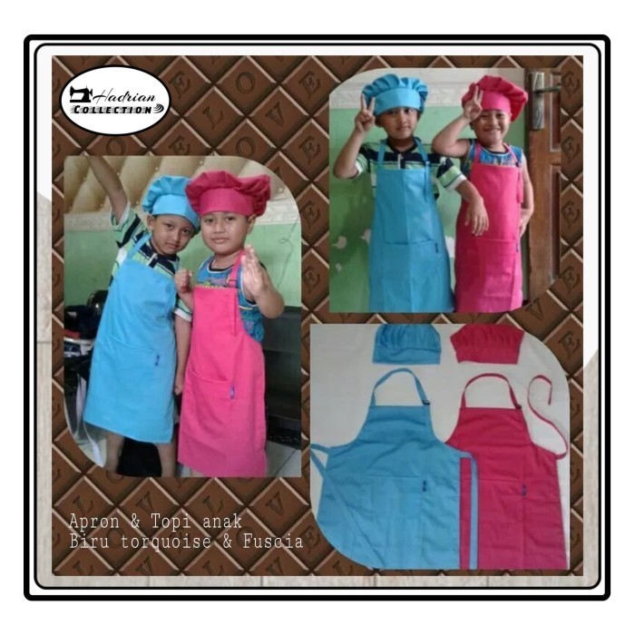 Jual Apron /Celemek Anak + Topi Biru Turkis Dan Fucia (Merah Fanta ...